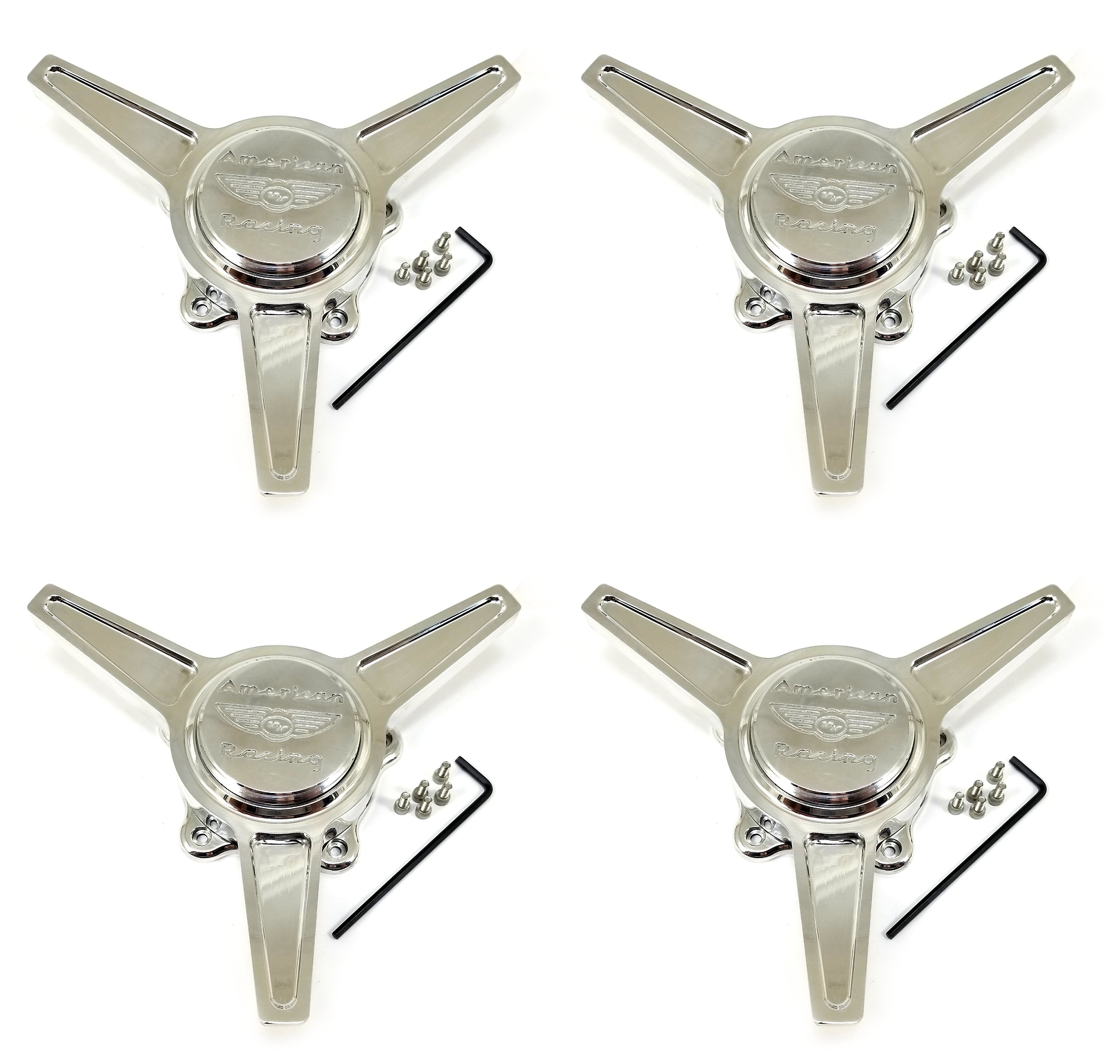 4x American Racing Polished 8" Vintage Tri-Bar Spinner Wheel Center ...