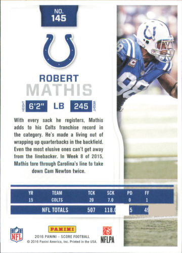 2016 Score #145 Robert Mathis Indianapolis Colts NFL Football Card NM ...