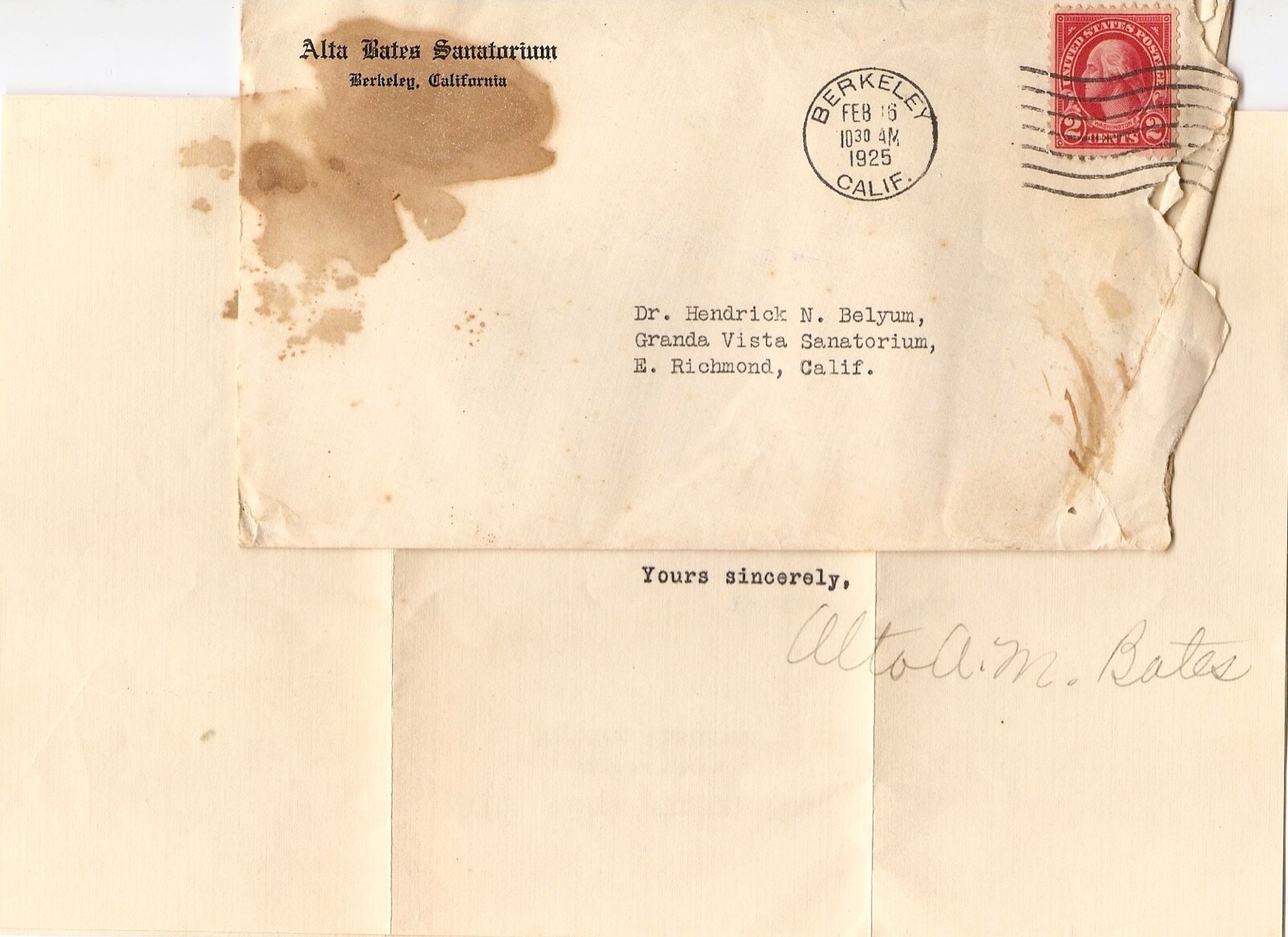 Alta Alice Miner Bates-Alta Bates Sanitarium Letter Dr. Hendrick Nelson ...