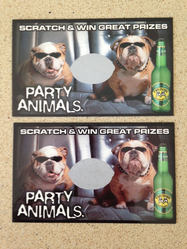 TWO DOGS Lemon Brew promotional cards x2 scratch & win Over 20 years ...