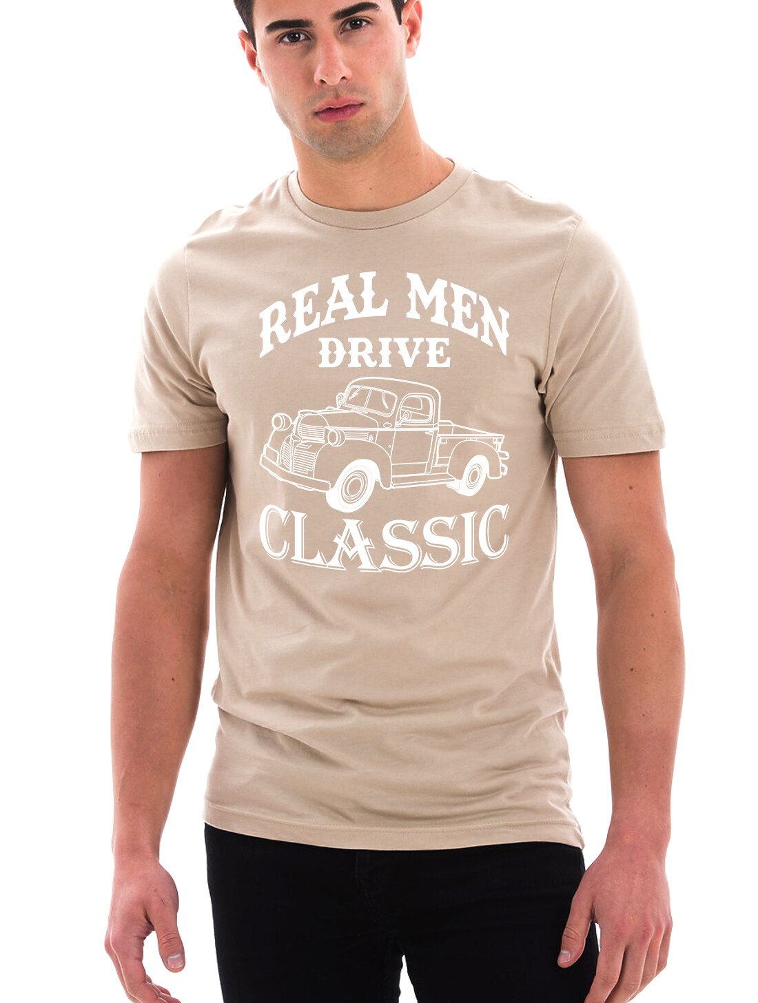 Men's Real Men Drive Classic Cream T Shirt C12 Old School Truck Funny ...