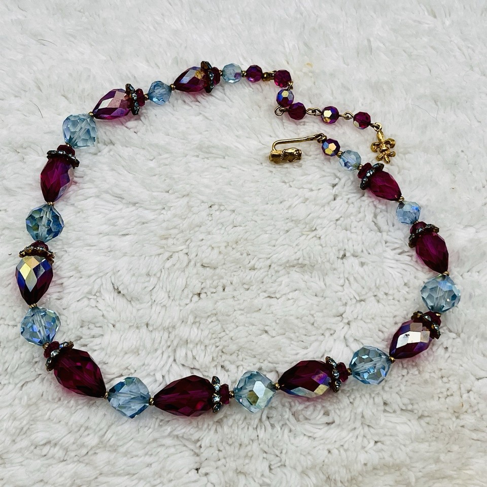 Vintage Vendome Crystal Necklace Choker Blue Iridescent Red AB Stones ...