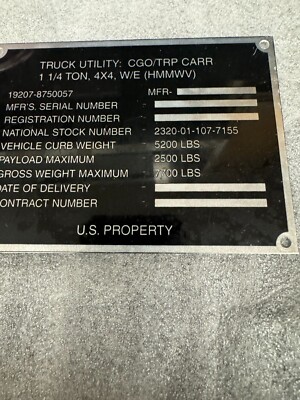 M998 HMMWV DATA PLATE | eBay