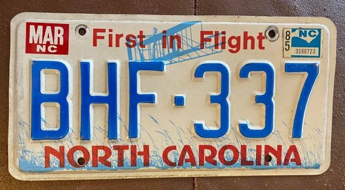 North Carolina 1985 FIRST IN FLIGHT License Plate HIGH QUALITY # BHF ...