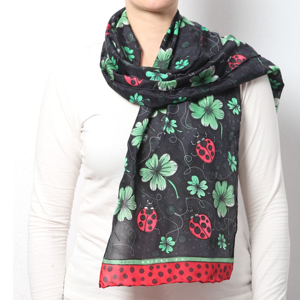 Ladybird Four Leaf Clover Lucky Hand Painted Silk Scarf Black Scarf ...