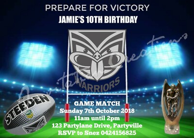 DIY Print Custom NRL WARRIORS FOOTBALL FIELD Birthday Party Invitations ...