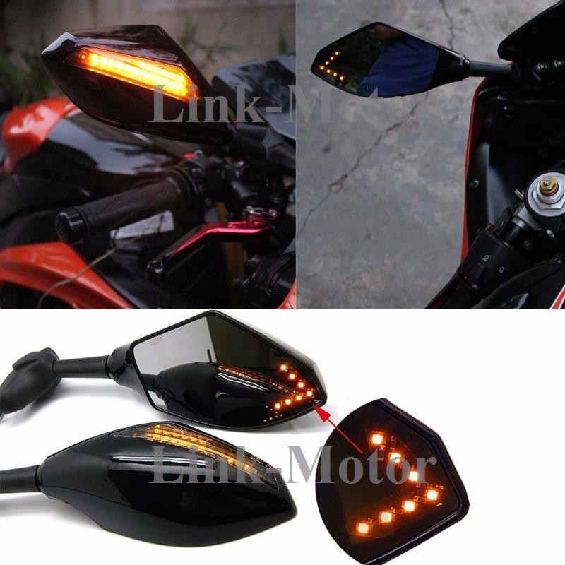 UNIVERSAL GLOSS BLACK INTEGRATED MOTORCYCLE MIRRORS W/ LED TURN SIGNALS ...
