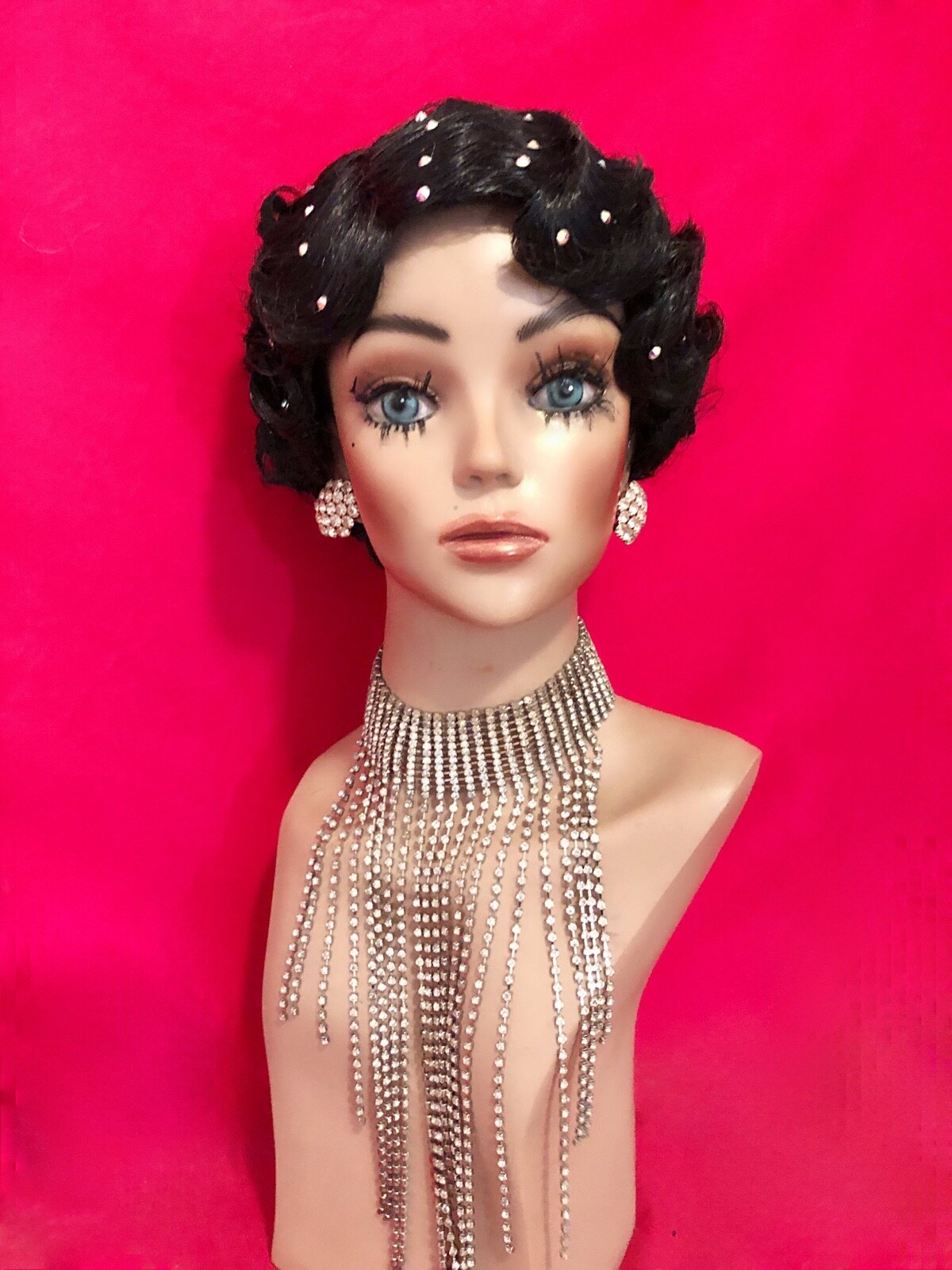 20s Short RHINESTONE MARCEL WIG! Fingerwaves Lace Front Costume Black ...