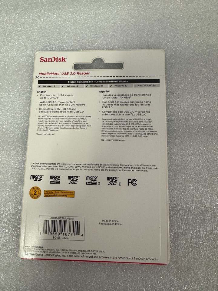 Brand New SanDisk MobileMate USB 3.0 microSD Card Reader SDDR-B531 ...