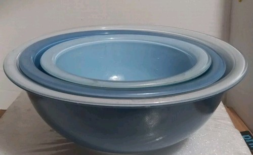 Set of 3 PYREX Moody Blues Mixing Bowl 322 323 325 Blue Clear Bottom | eBay