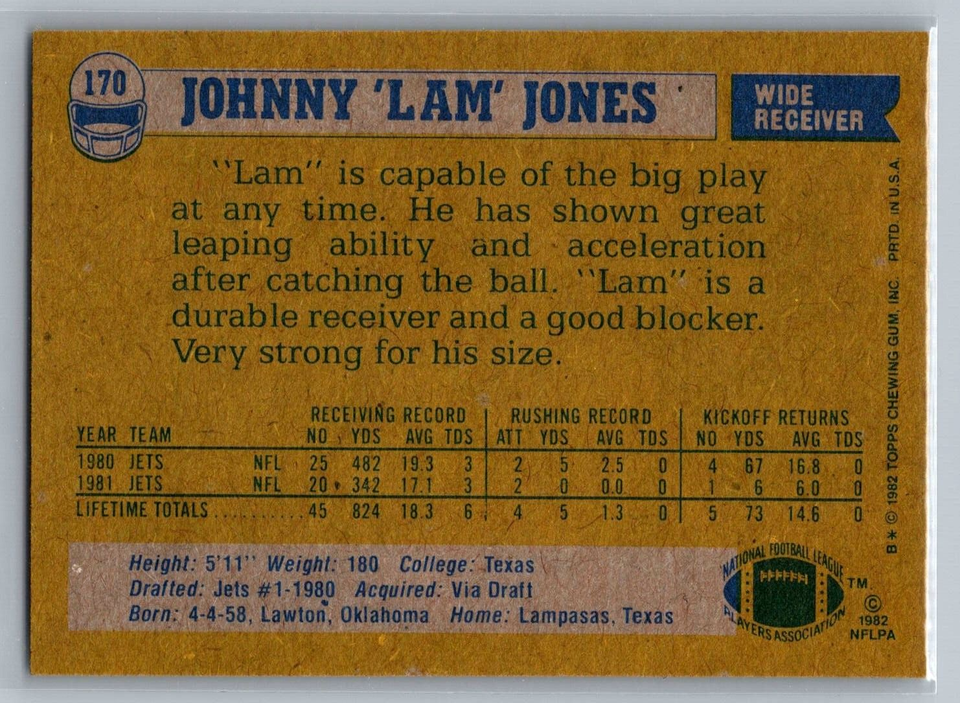 1982 TOPPS CARD # 170 Johnny "Lam" Jones - New York Jets | eBay