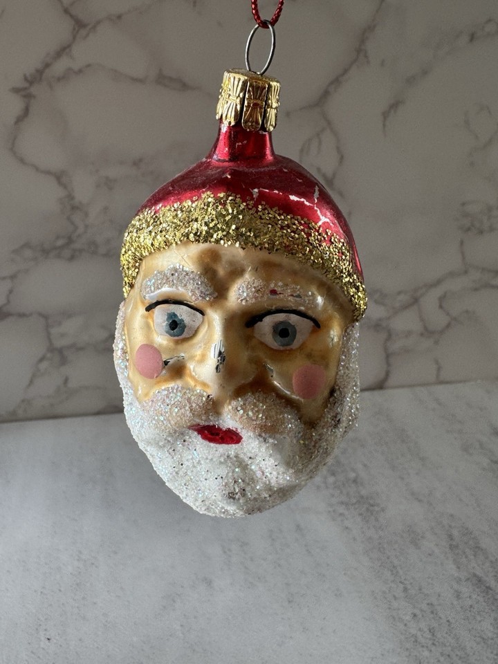 Vintage Santa Claus Glass Ornament Glitter Beard Red Hat Germany Style ...