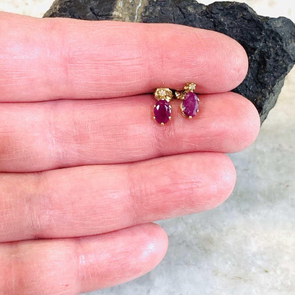 VTG 14k Yellow Gold Oval Ruby & Diamond Earrings ~3ctts .67gr Buttercup ...