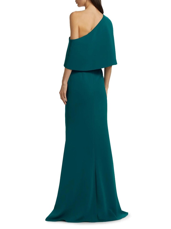 Badgley Mischka Stretch-Crepe Cape Gown $695 Teal Sleeves sz 0 Runway ...
