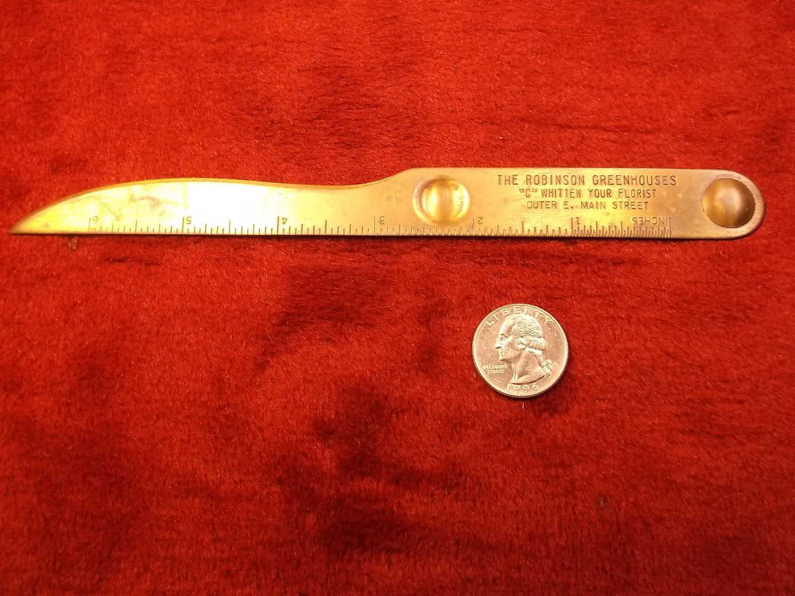 #2 of 9, VTG SOLID BRASS LETTER OPENER & RULER, ADVERTISING ROBINSON ...