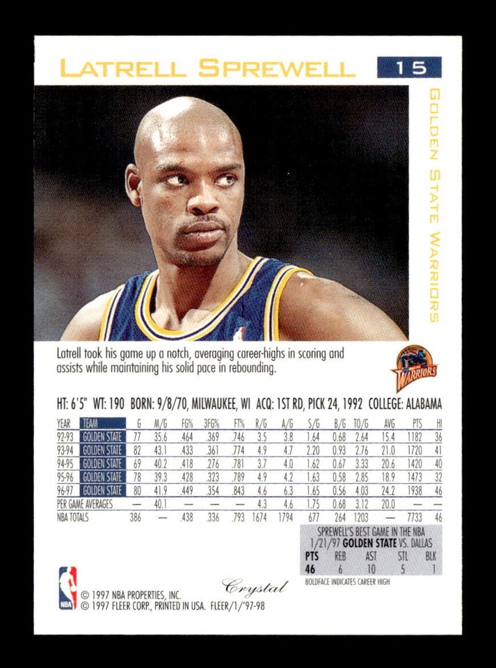1997 Fleer Traditions Crystal #15 Latrell Sprewell Warriors NBA | eBay