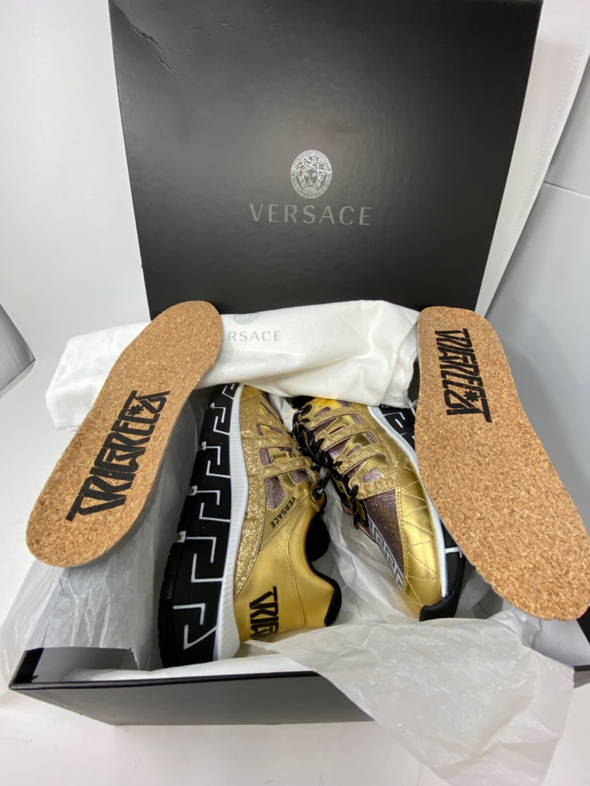 $1125 Men's Versace Trigreca Gold Glitter Sneakers DSU80941A02748 6Y090 ...