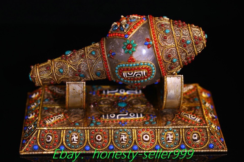 10.2" Old Tibet Natural Crystal Gold Filigree Inlay Gem Conch Exorcism ...