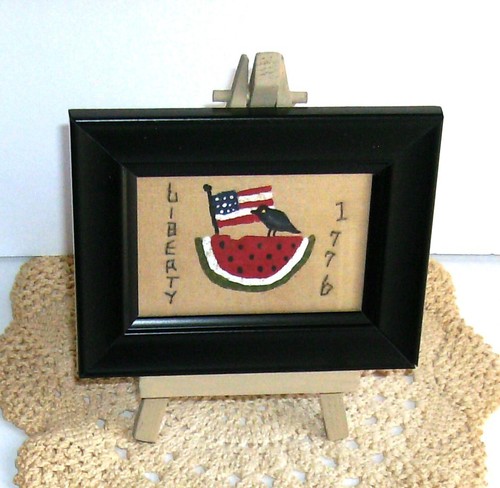 Primitive MINI stitchery/painting "Liberty 1776" watermelon crow--frame ...