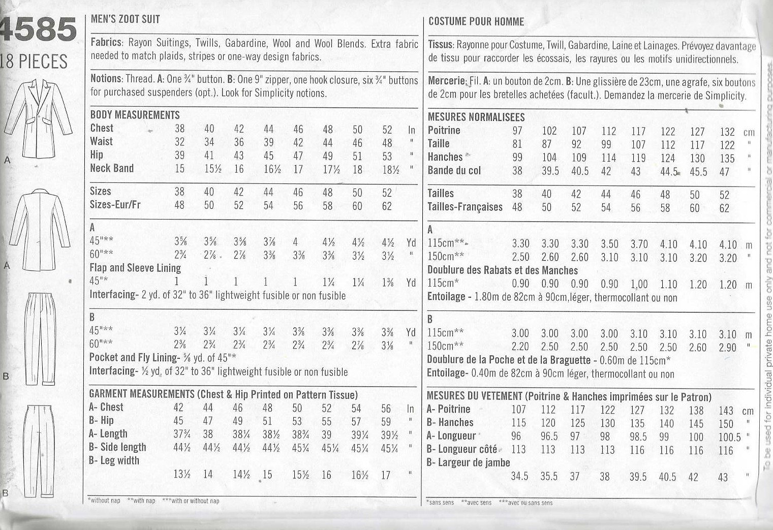 Simplicity 4585 Costume Sewing Pattern Zoot Suit Adult 46-52 Mens Uncut ...