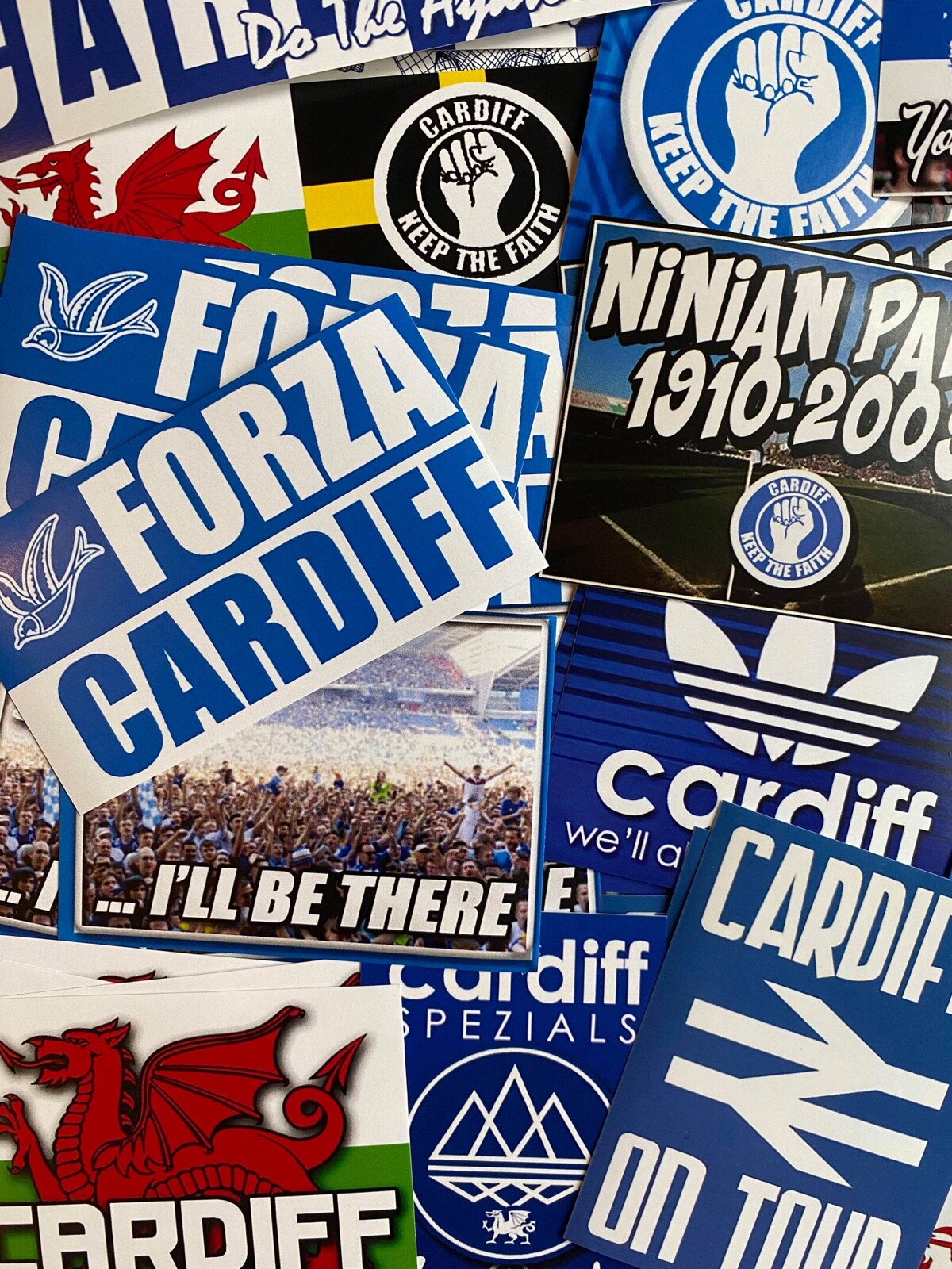 100 x Cardiff City Ultra Stickers based on Programme Scarf Pin Badge ...
