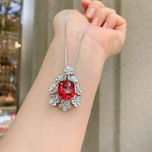 3Ct Cushion Cut Red Ruby Halo Women's Pendant 14K White Gold Over 18 ...