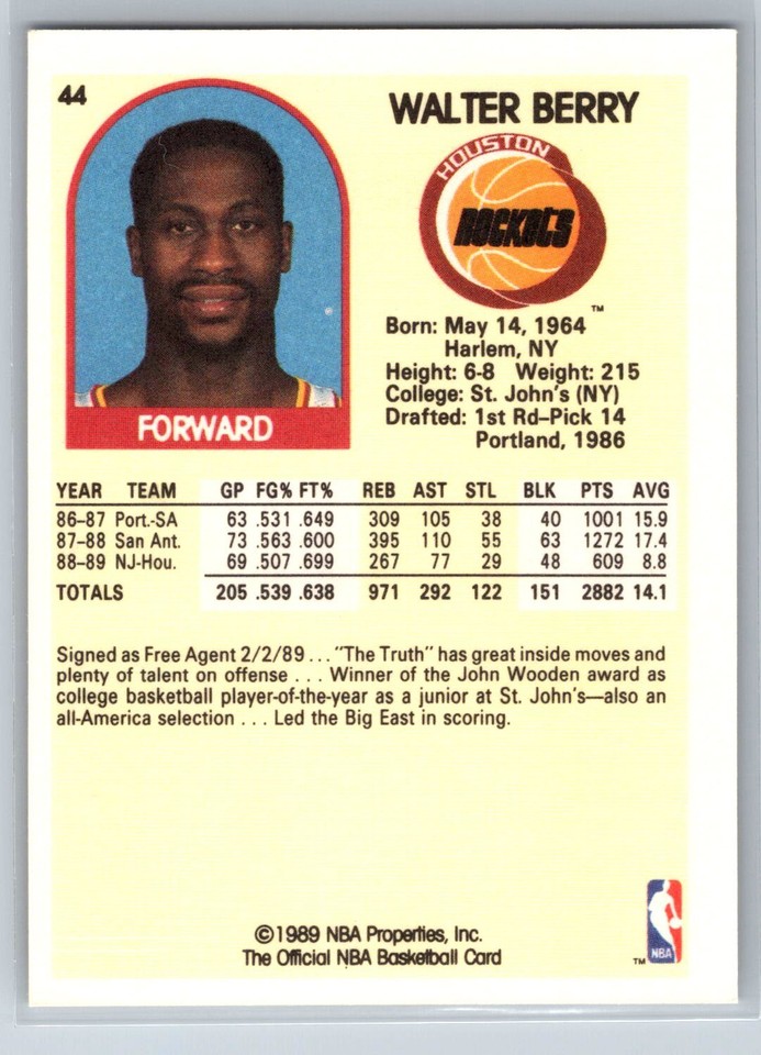 1989-90 NBA Hoops Walter Berry Houston Rockets #44 | eBay