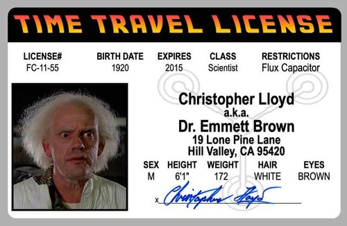 Doc Emmett Brown Drivers Time Travel License ID Card Back To The Future ...