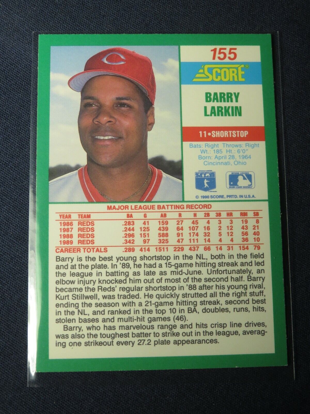 1990 Score Barry Larkin Baseball Card Cincinnati Reds 155 Mint In