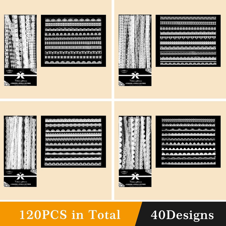 120 Pcs Lace Stickers Set White Cutout Lace Tape Embellishments ...