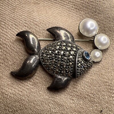 vintage Judith Jack, Sterling silver, marcasite ,blue topaz fish pin ...