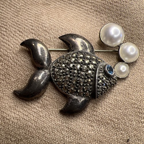 vintage Judith Jack, Sterling silver, marcasite ,blue topaz fish pin ...