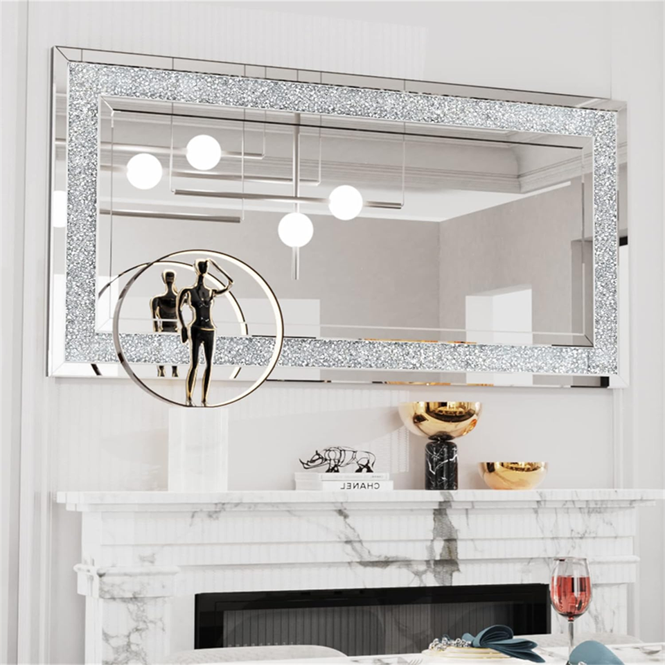 Large Crystal Crush Diamond Rectangle Silver Mirror Wall Hang Frameless ...