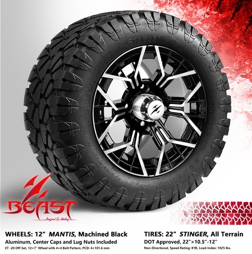GOLF CART 12" MACHINED 'MANTIS' WHEELS/RIMS and 22" STINGER DOT A/T ...