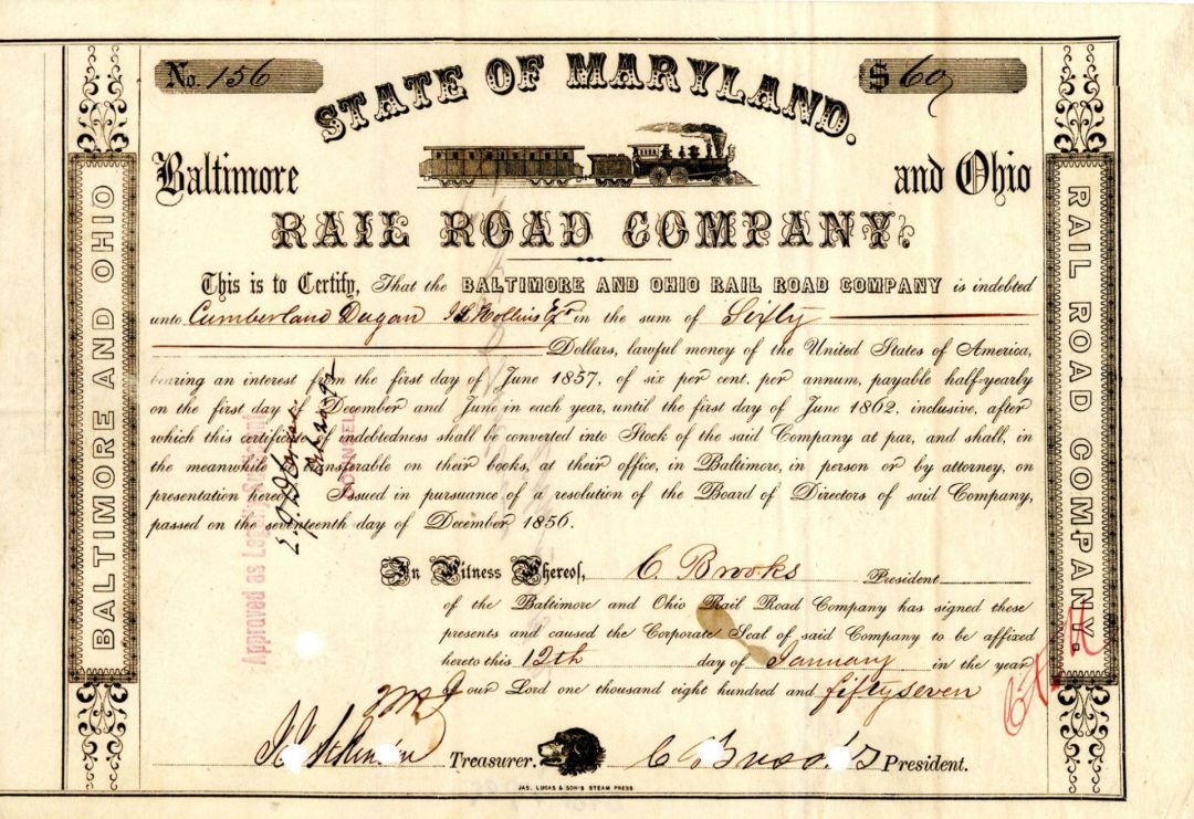 Baltimore and Ohio Rail Road Co. - 1857 dated $60 Bond - Railroad Bonds ...