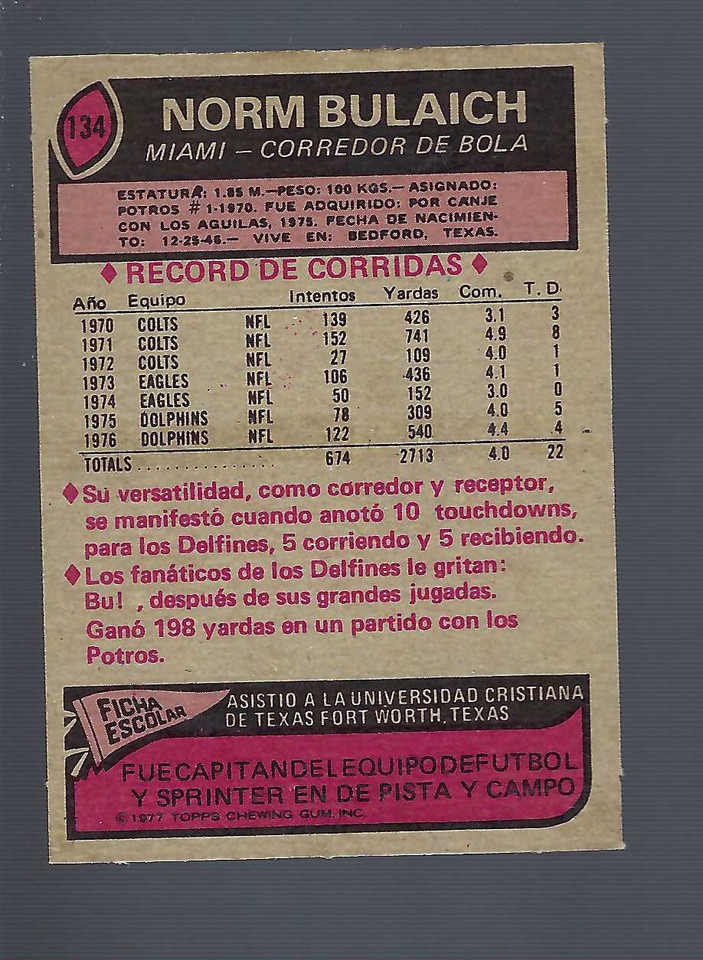 1977 Topps Mexican Norm Bulaich #134 NM-MT CENTERED & Gorgeous Miami ...