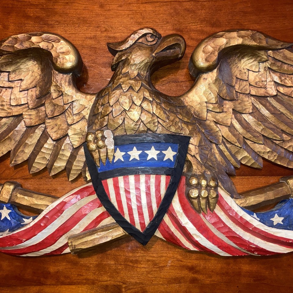 Hand Carved American Bald Eagle Federal Shield Centennial Folk Art 34 ...