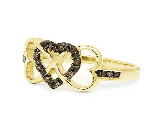 10K Yellow Gold Chocolate Brown Diamond Ring Infinity Linked Heart Band ...