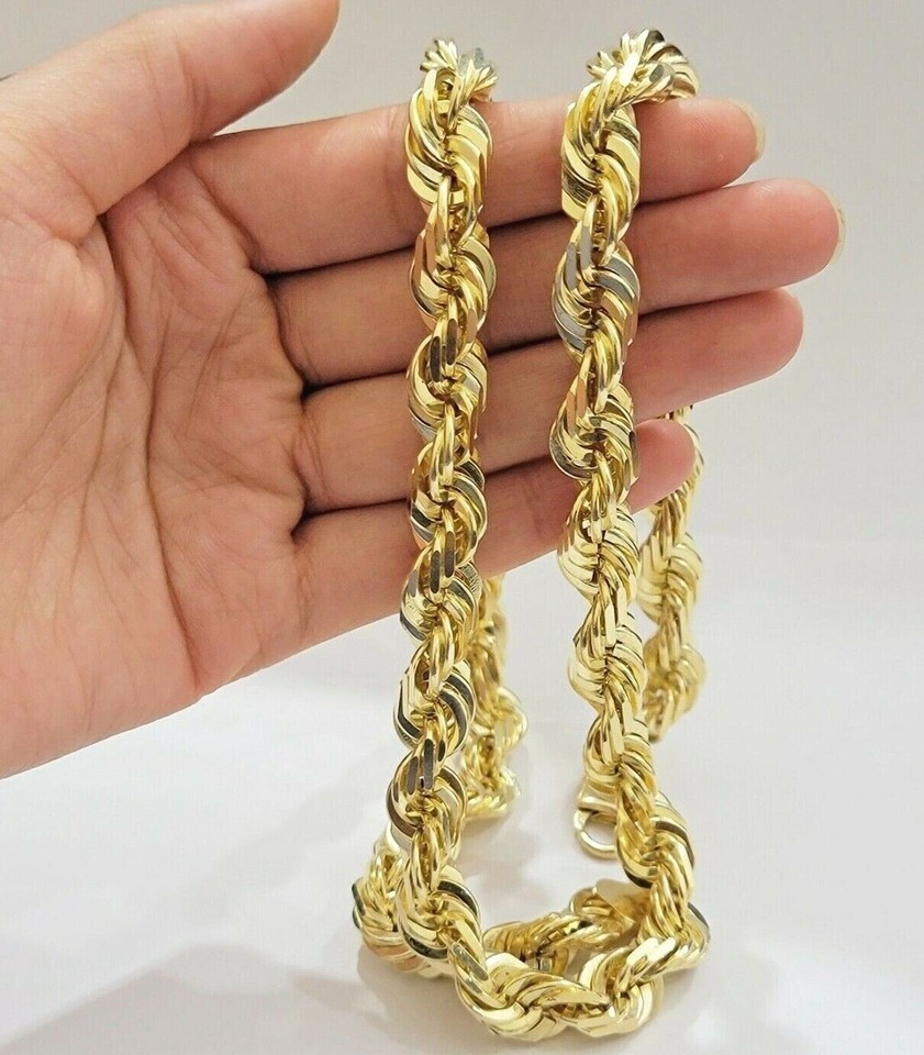 10k 14mm Solid Yellow Gold Rope Chain Necklace 28" Inch Mens Thick ...