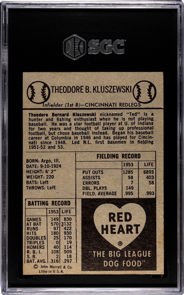 1954 Red Heart TED KLUSZEWSKI Cincinnati Reds SGC 6 EX/NM Condition | eBay