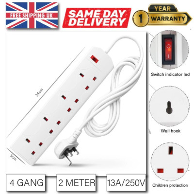 Extension Lead 4 Gang Way Plug Sockets 2M Cable Electric Mains Power ...