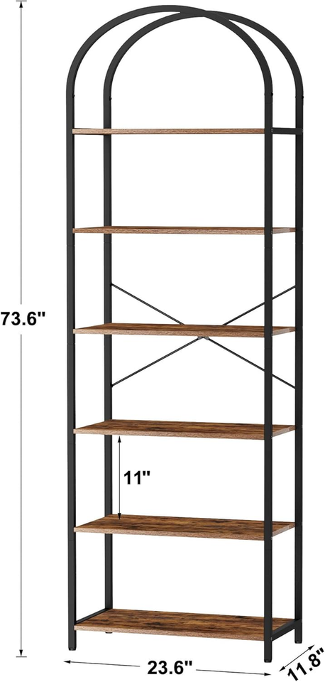 6-Tier Bookshelf Arched Display Racks, Wood and Metal Bookcase, Tall ...