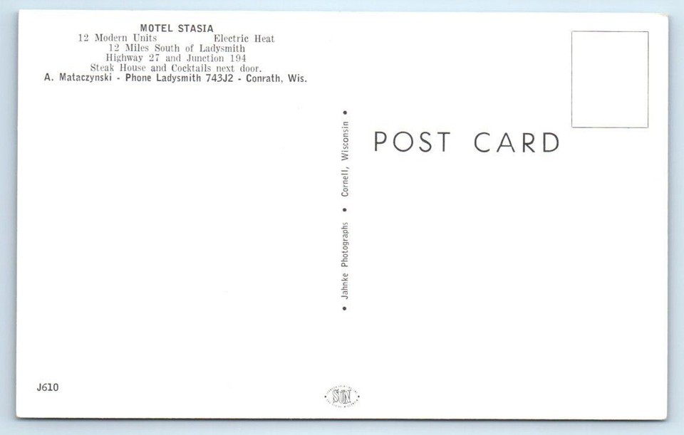 CONRATH, Wisconsin WI ~ Roadside MOTEL STASIA Rusk County c1950s ...