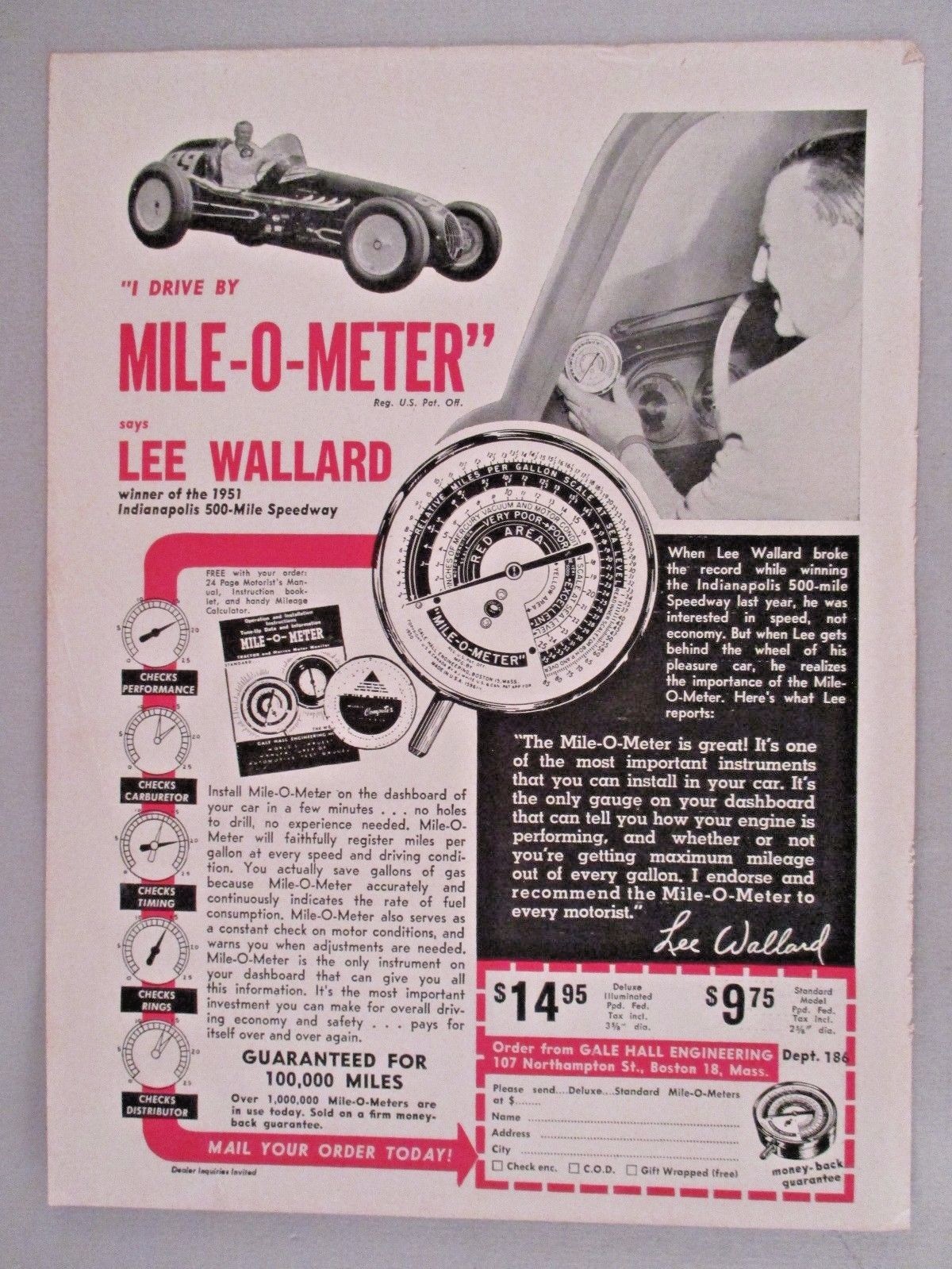 Mile-O-Meter PRINT AD - 1952 ~~ Lee Wallard, 1951 Indianapolis winner ...