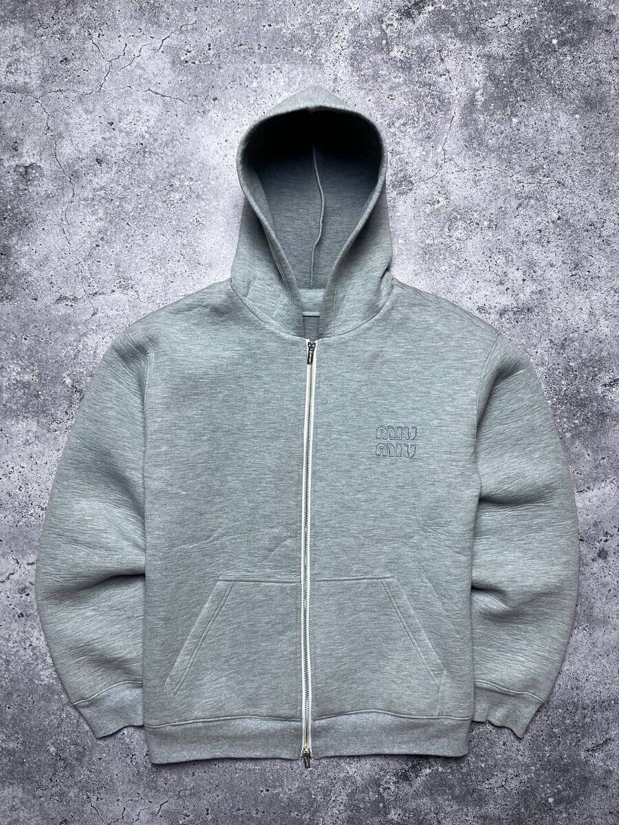 Miu Miu Men's Grey Full Zip Luxury Casual Hooded Embroidered Miu Miu Men's Grey Full Zip Luxury Casual Hooded Embroidered
