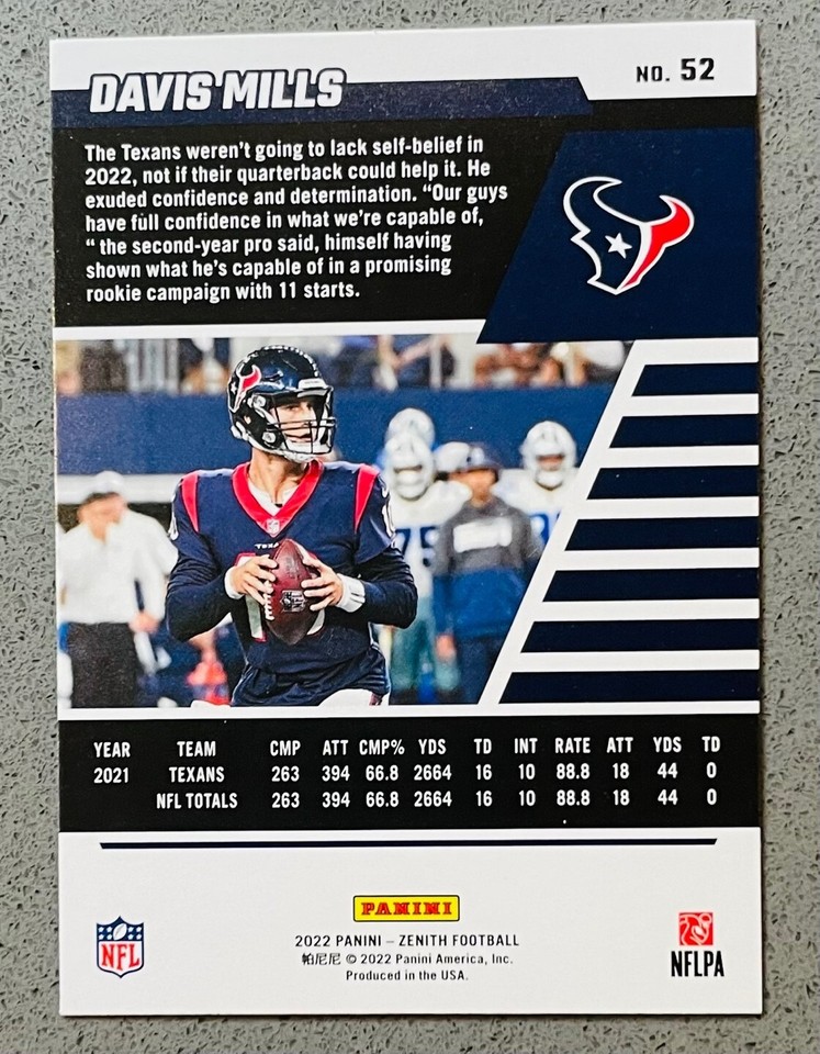 2022 Panini Zenith Football NFL #52 Davis Mills Base Trading Card ...