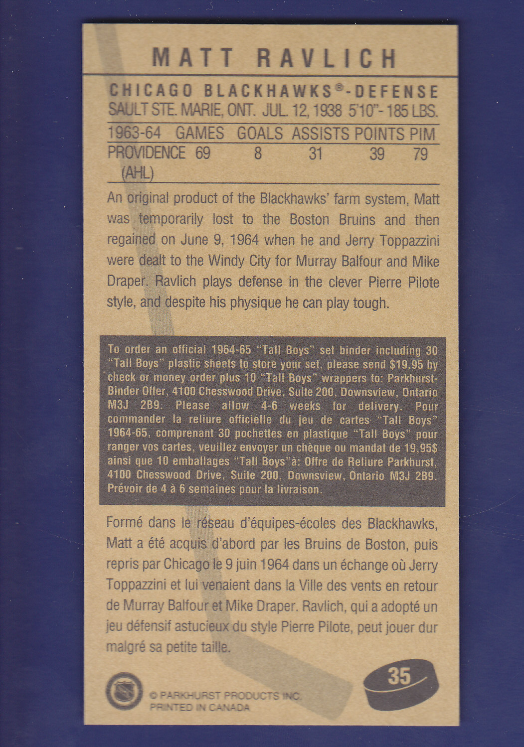Matt Ravlich 1994-95 Parkhurst Tallboys 1964-65 #35 (MINT) Boston ...