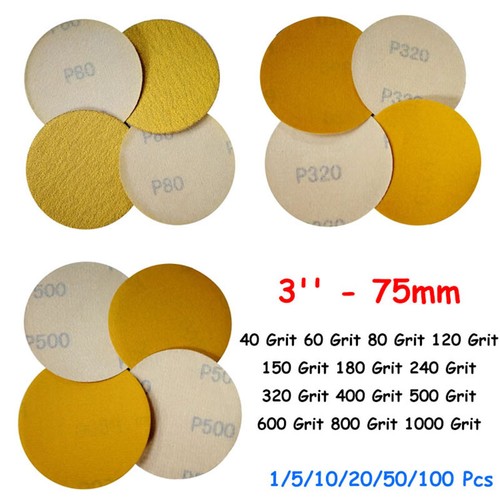 3'' 75mm Round Yellow Dry Sandpaper Disk Sand Sheets Grit 40-1000 Self ...