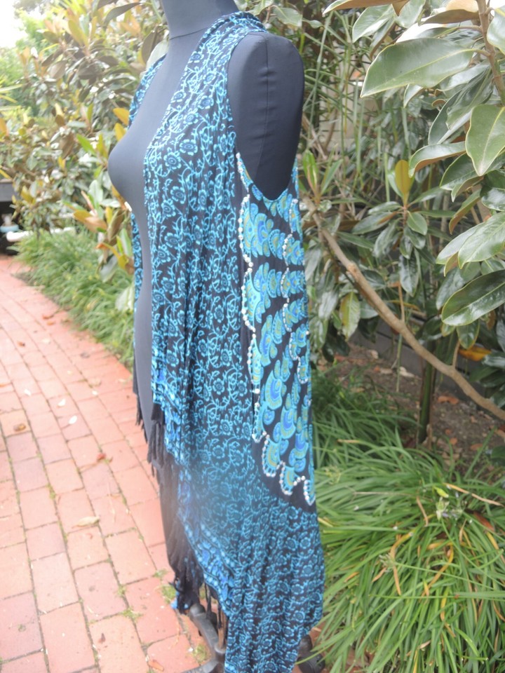 BRIGHT BLUE BOHO HIPPIE PEACOCK Mandala Sequin GYPSY Kimono CAPE NEW ...