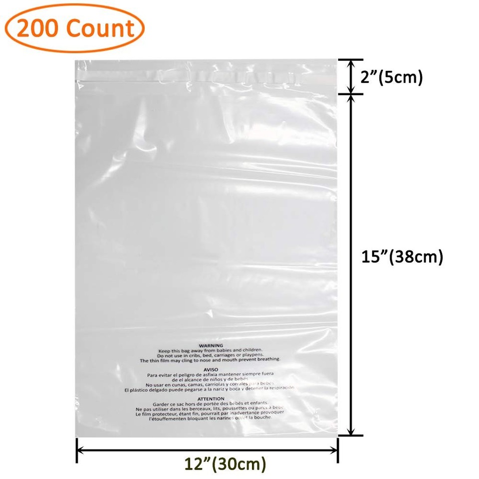 200 Count 12x15 Inch Self Seal Clear Poly Bags with Suffocation Warning ...